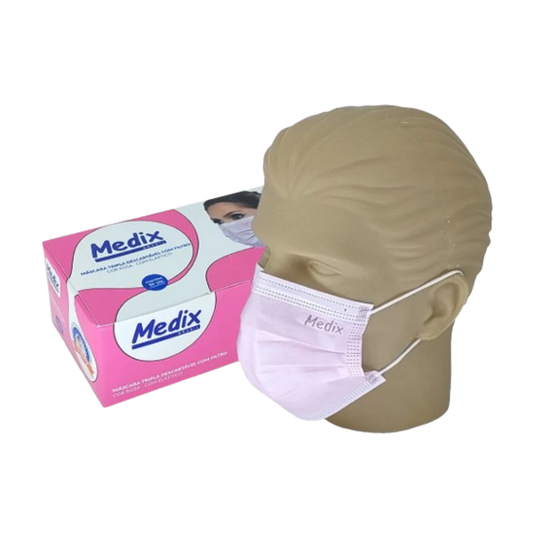 Máscara Tripla Descartável Rosa - 50 Un. - Atacado Dermosens